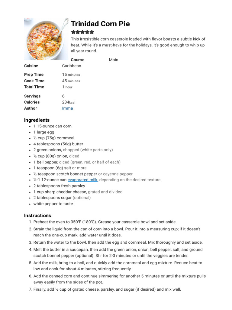 Spicy Trinidad Corn Pie Recipe | PDF | Fat | Food And Drink Preparation