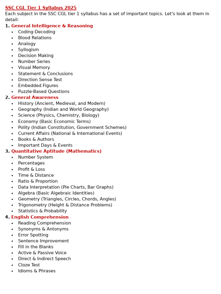 SSC CGL Tier 1 Syllabus 2025 Overview | PDF