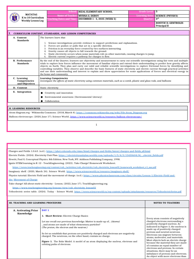 Dll Matatag _science 5 q3 w5 | PDF | Atoms | Electric Charge