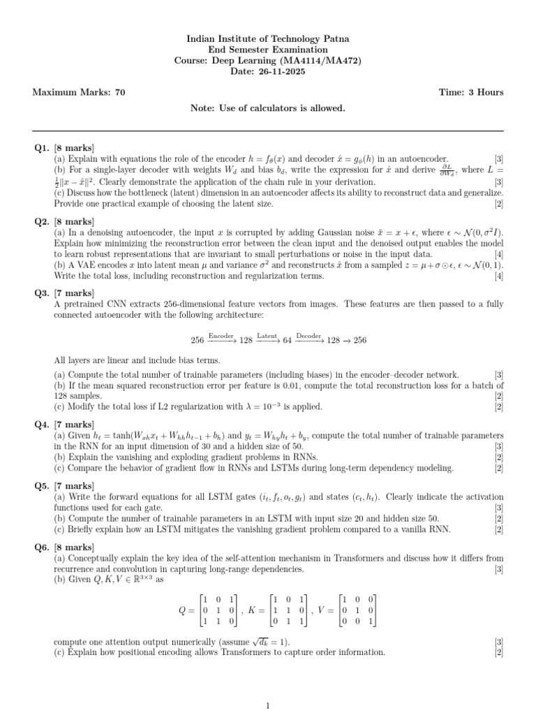 IIT Patna Deep Learning Exam Questions | PDF | Applied Mathematics ...