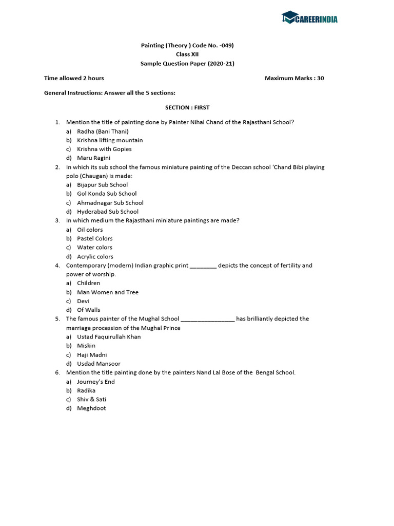 CBSE Class 12 Painting Sample Question Paper 2020-21 | PDF | Paintings | Plastic Arts