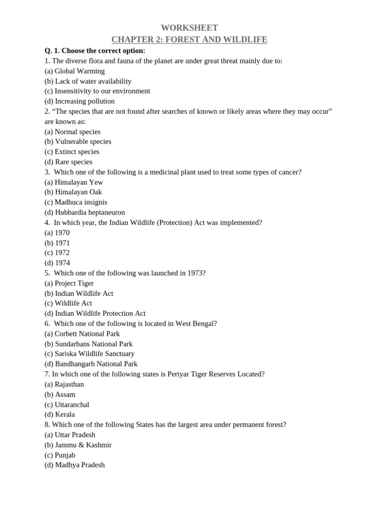 Forest and Wildlife Conservation Quiz | PDF | Biodiversity ...