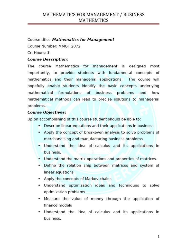 Mathematics for Management Course Guide | PDF | Matrix (Mathematics ...