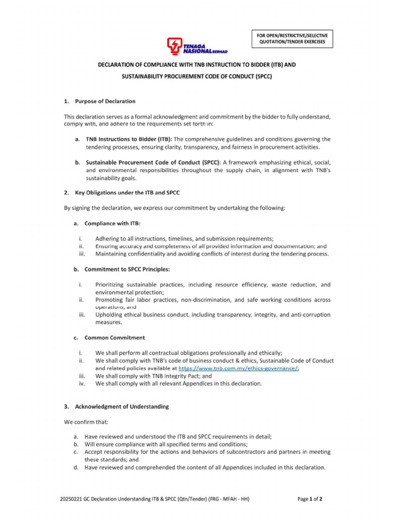 TNB Supplier Conflict of Interest Declaration | PDF | Common Law ...