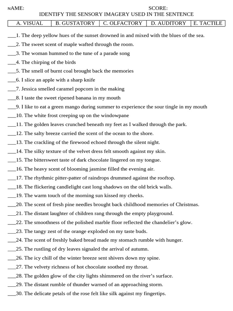 Sensory Imagery Identification Exercise | PDF