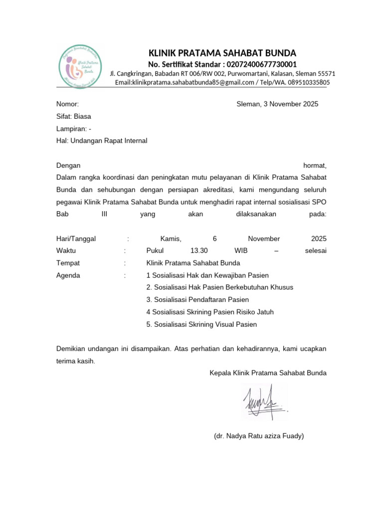 Undangan Rapat Internal Klinik Sahabat Bunda-3 | PDF