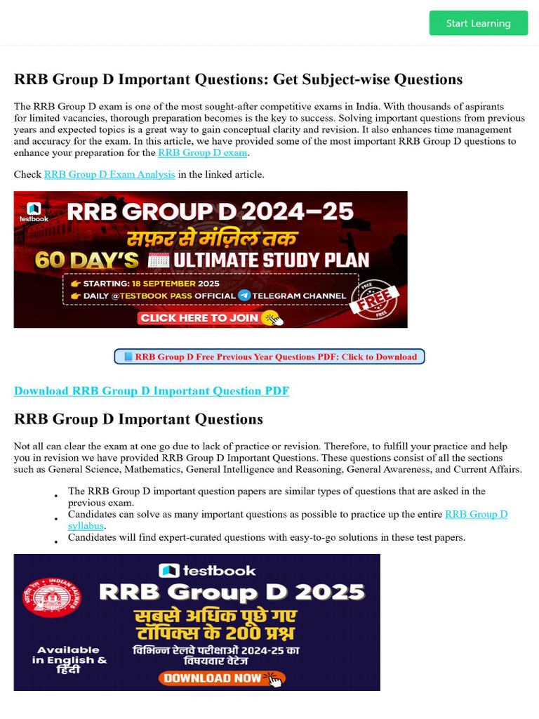 RRB Group D Important Questions - Get Subject-Wise Questions | PDF