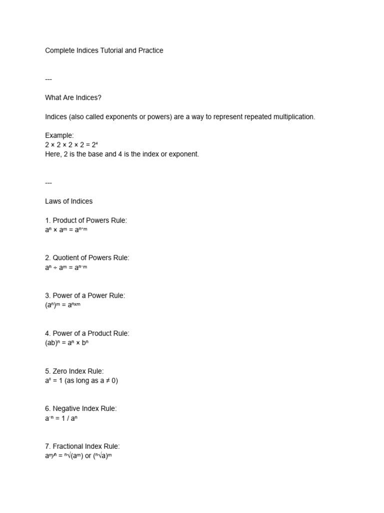 Indices: Laws, Examples, and Practice | PDF