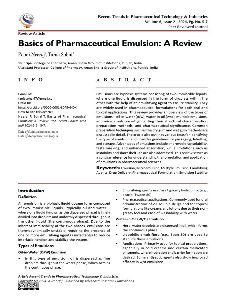 Basics of Pharmaceutical Emulsions Review | PDF | Emulsion | Surface ...