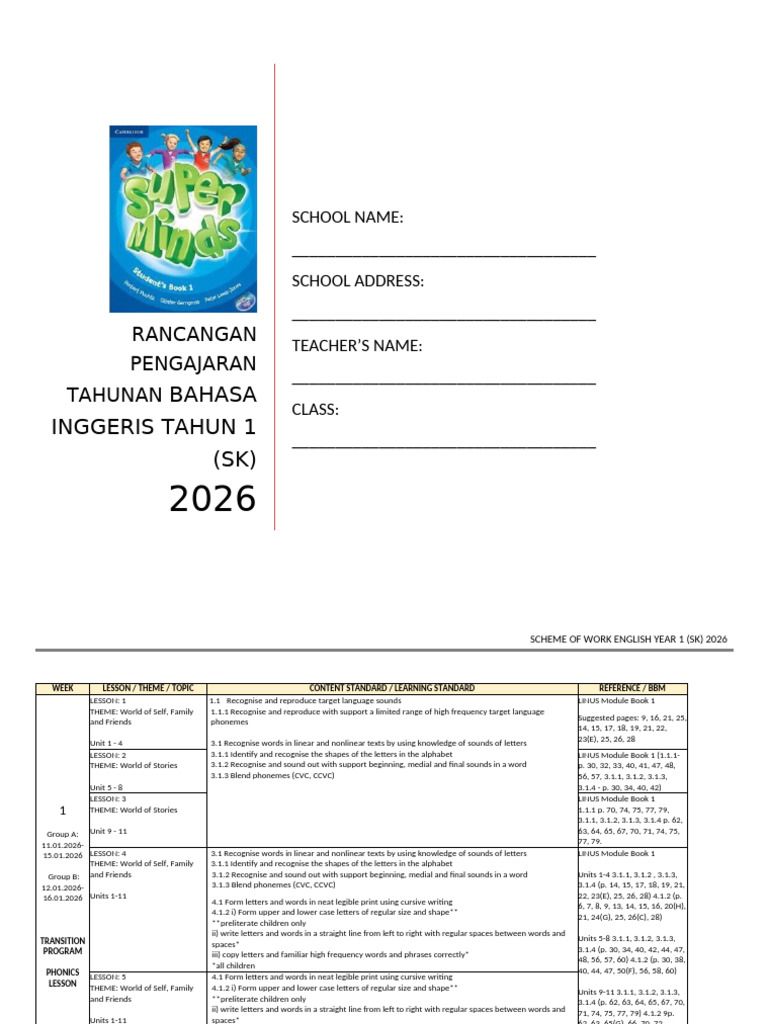 Year 1 English Teaching Plan 2026 | PDF | Word | Letter Case