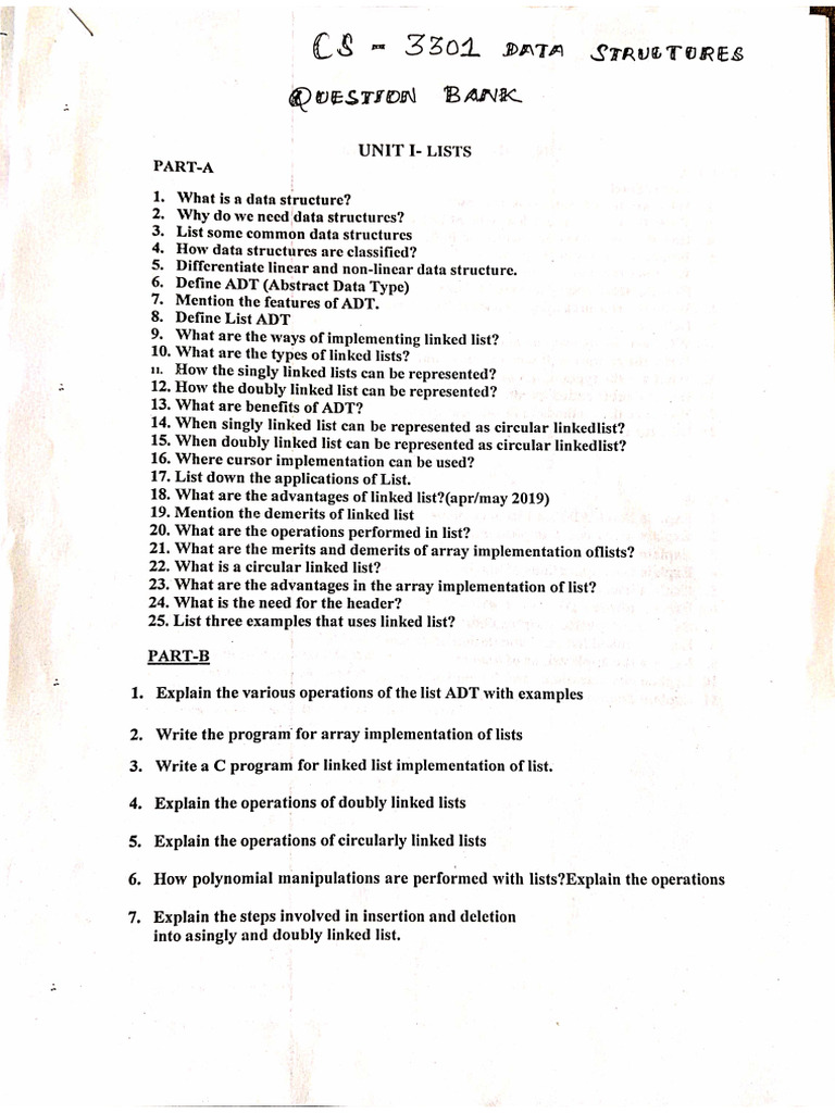 CS3301 Data Structures Question Bank | PDF
