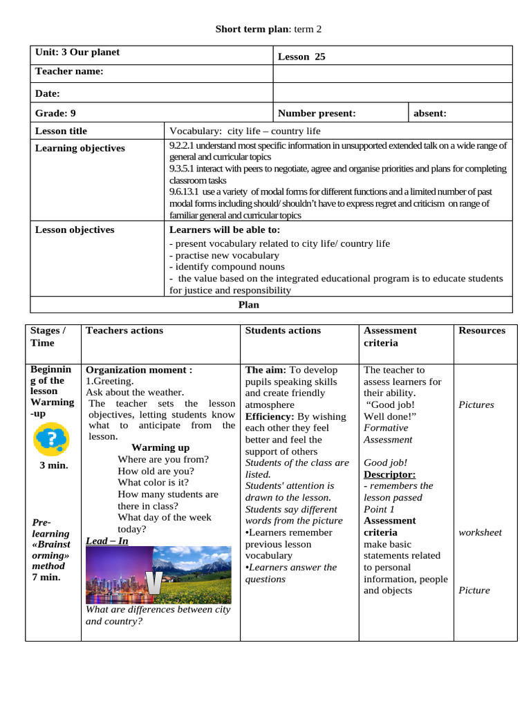 Grade 9 Lesson Plans: City vs. Country | PDF | Learning | Curriculum