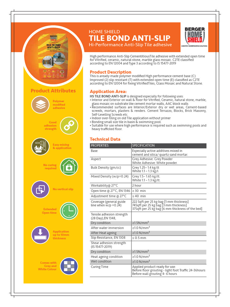 HS Tile Bond Anti-Slip Data Sheet | PDF | Adhesive | Tile