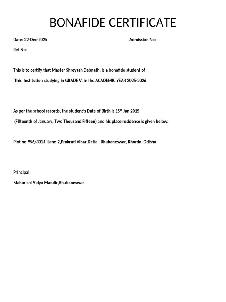 Bonafide Certificate for Grade V Student | PDF