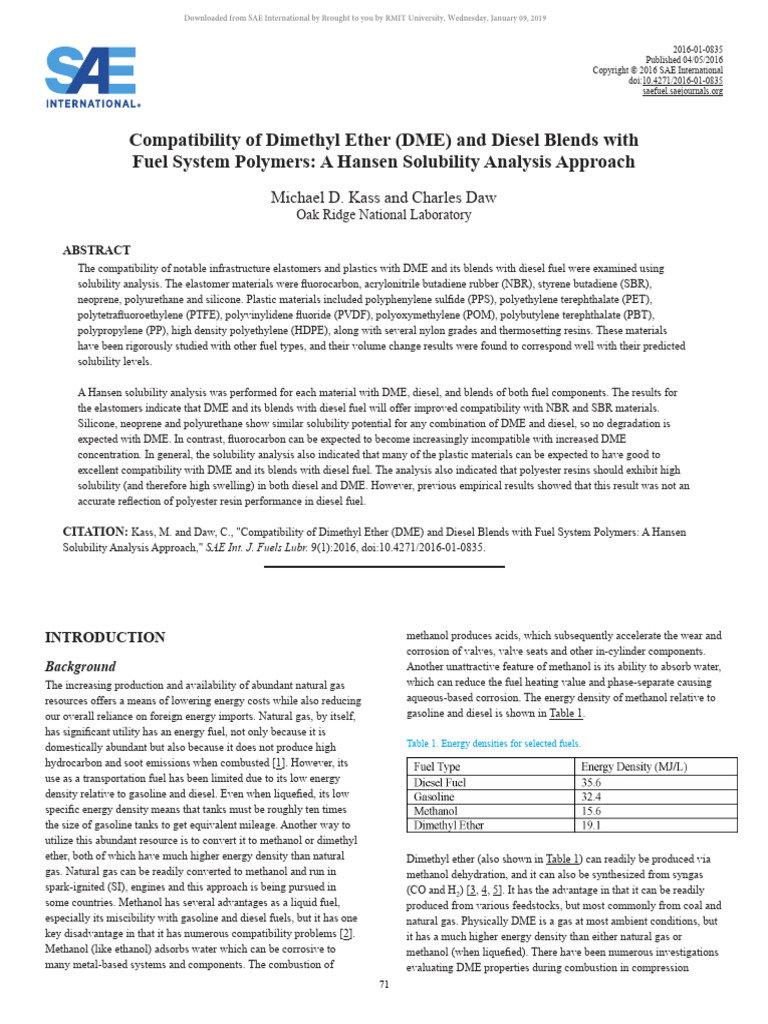 Compatibility of DME and Diesel Blends With Fuel System Polymers A ...