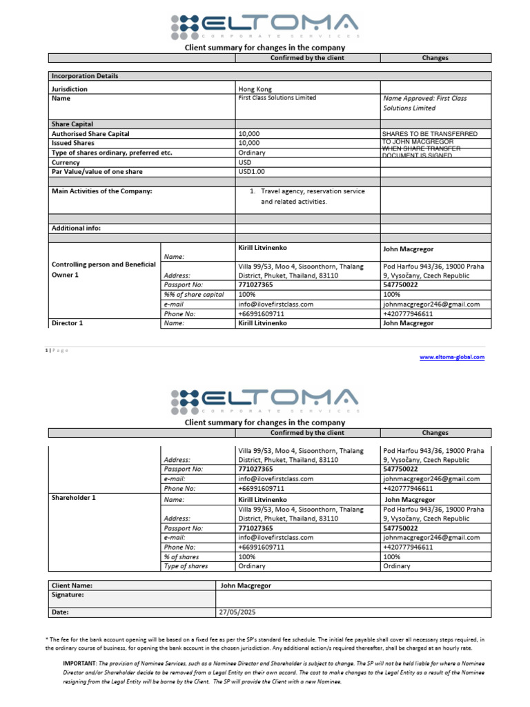 Client Summary Changes | PDF | Shareholders | Private Law