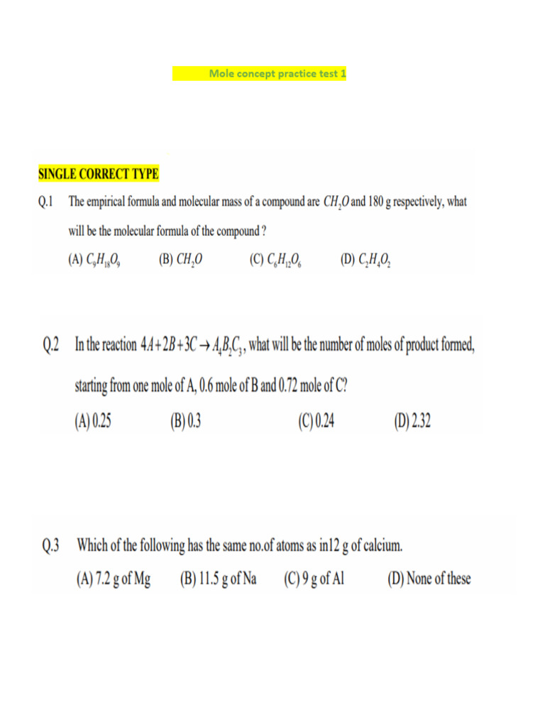 Mole Concept Practice Test 1 | PDF