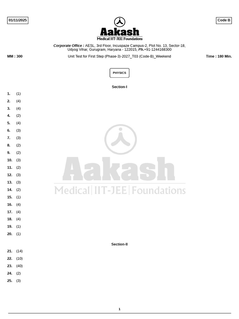 Unit Test for First Step (Ph-3)-2027_T03 (Code-B)_Weekend 01-11-2025 ...