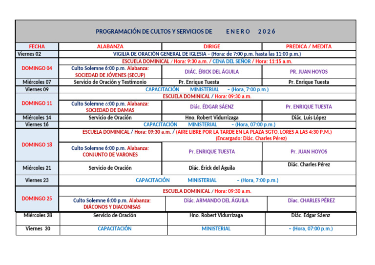 Programa de Cultos y Servicios ENERO 2026-1 | PDF