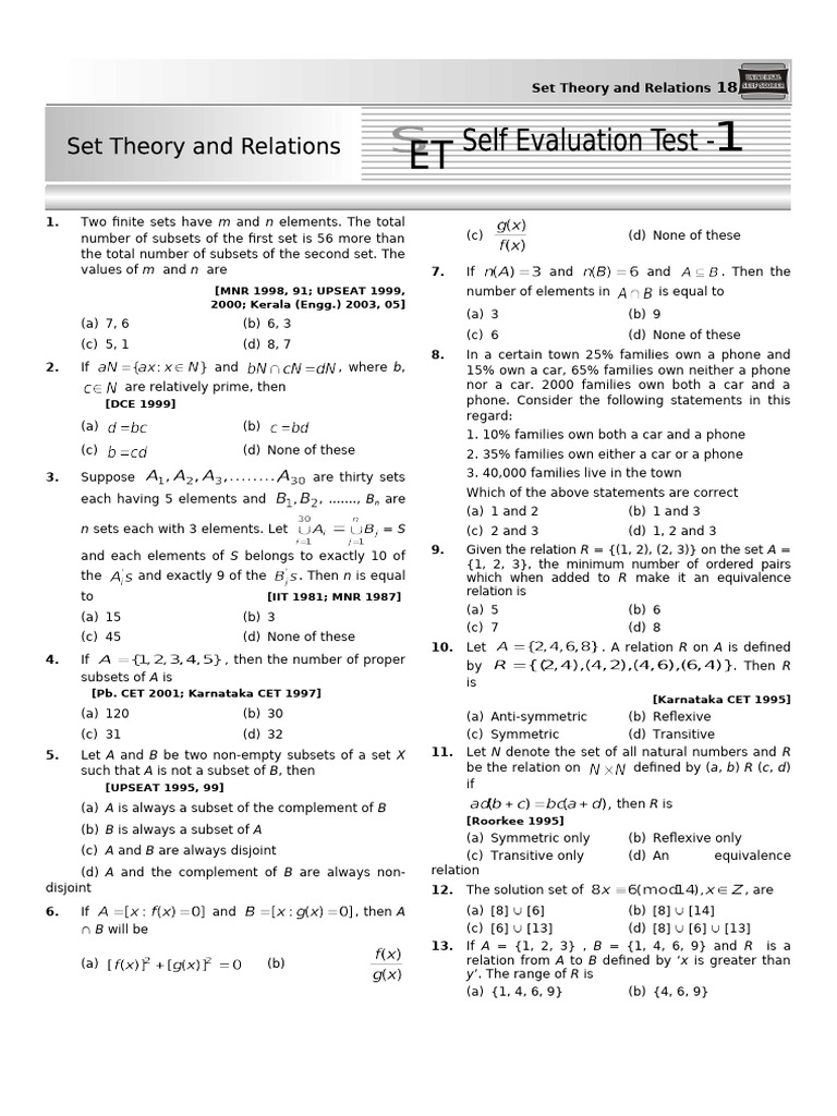 Self Evaluation Test-Sets and Relations | PDF | Numbers | Geometry