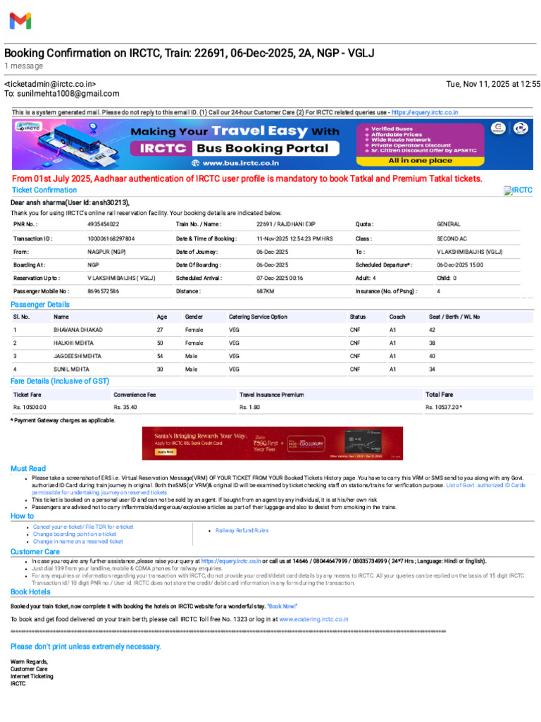 IRCTC Train Booking Confirmation Details | PDF | Service Industries
