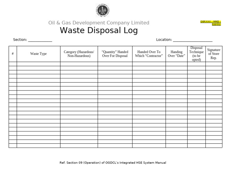 Oil & Gas Waste Disposal Log Template | PDF