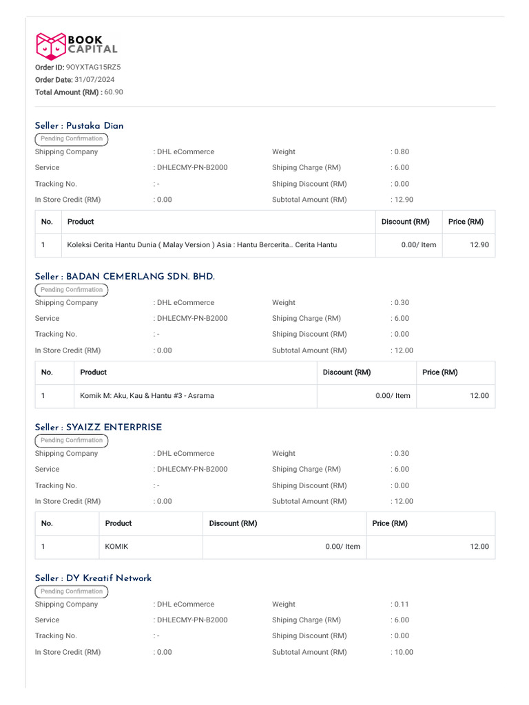 Order Summary for Books and Comics | PDF