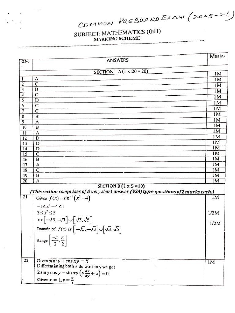 Maths pre-board answer key class 12th | PDF