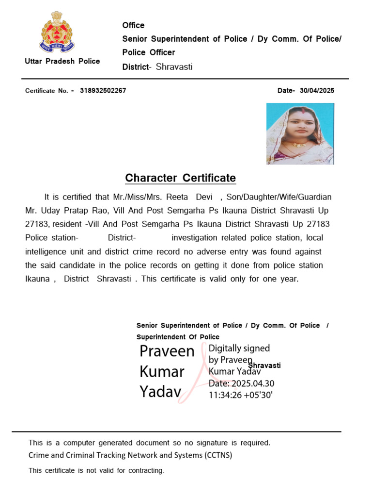 Shravasti Character Certificate for Reeta Devi | PDF