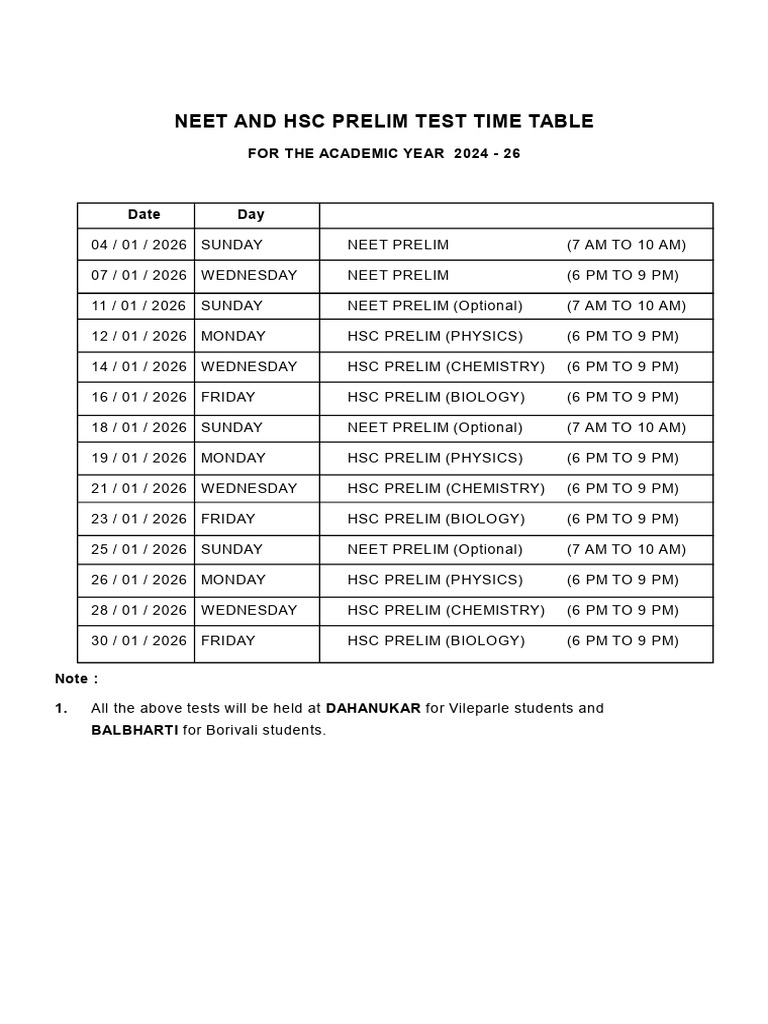 Test Time Table (NEET+ HSC) (2024-26) | PDF