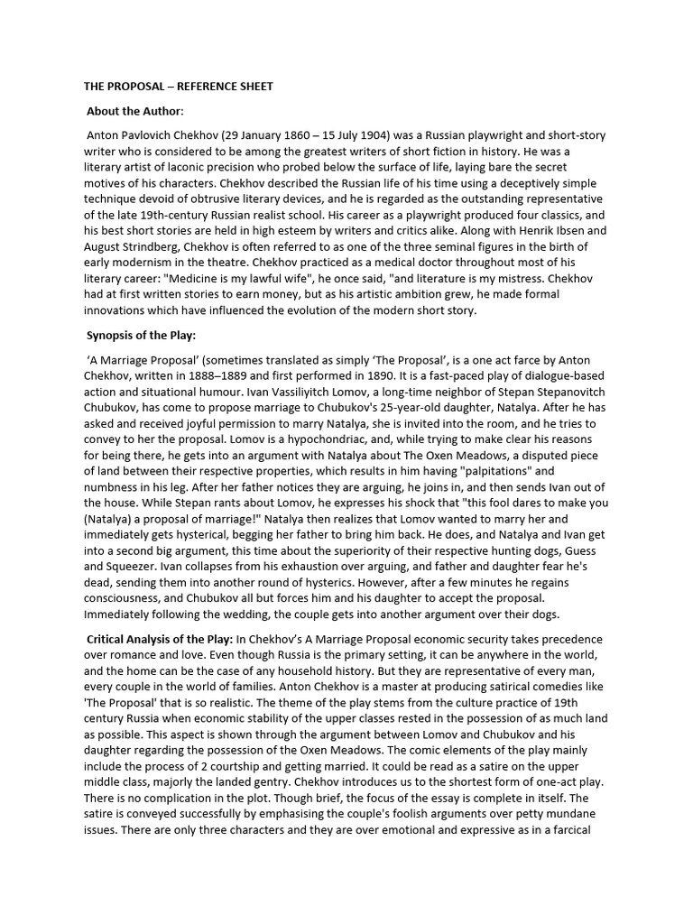 Chekhov's A Marriage Proposal Analysis | PDF