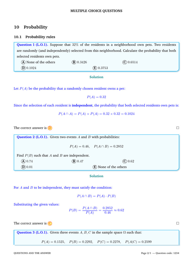Probability Multiple Choice Questions | PDF | Variance | Probability Theory