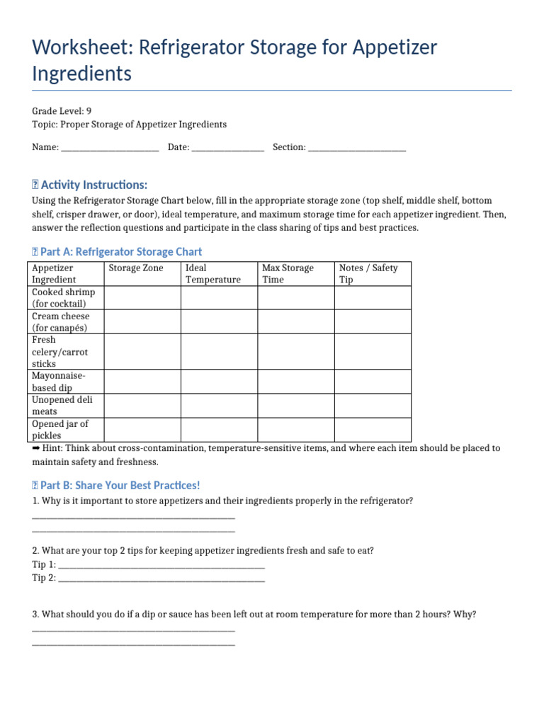 Refrigerator Storage Worksheet | PDF