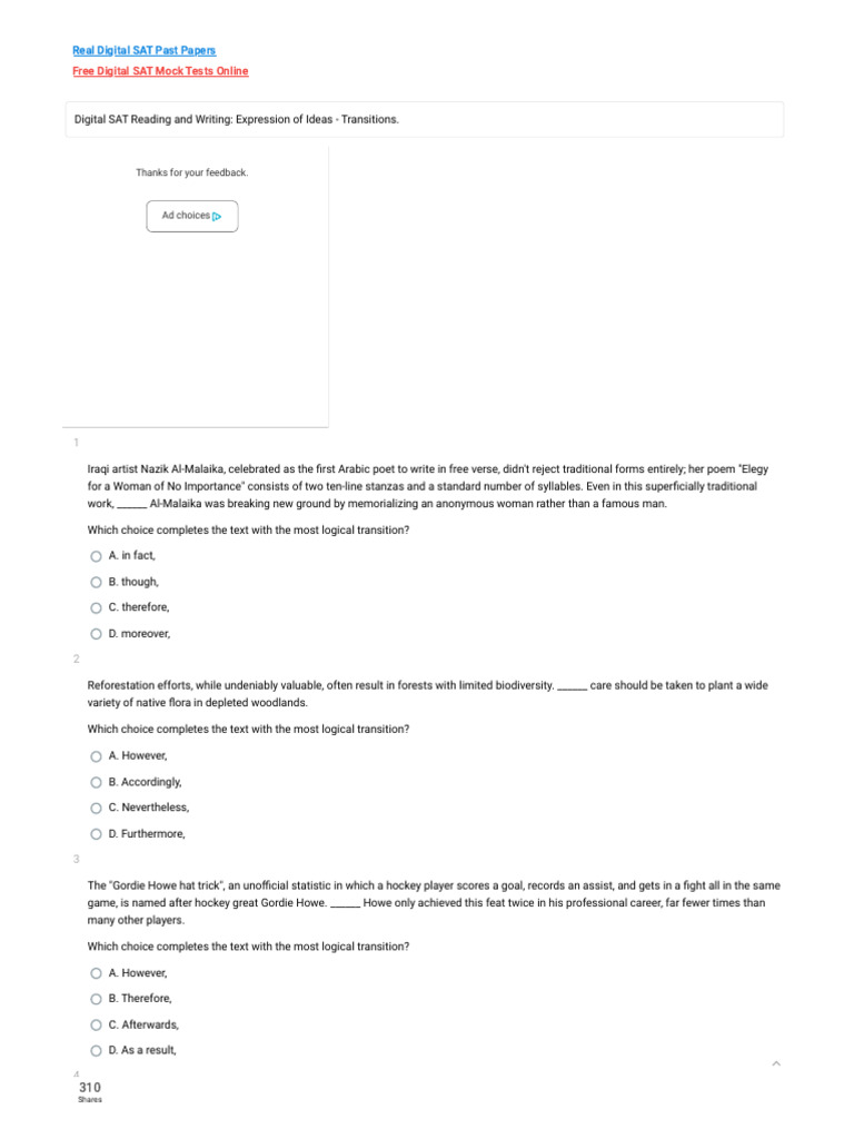 Digital SAT Reading and Writing Practice Test 15 - Transitions | PDF ...