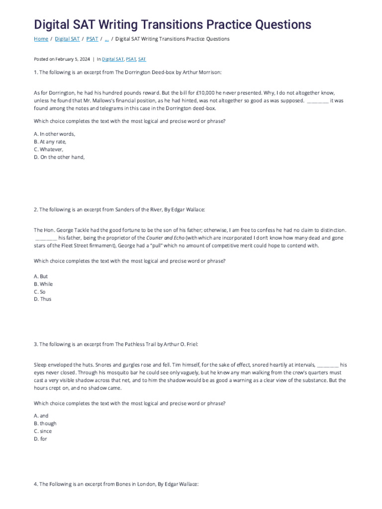 Digital SAT Writing Transitions Practice Questions – BWS Education ...