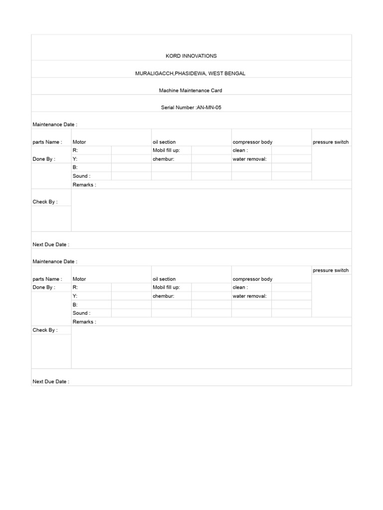 Machine Maintenance Log Template | PDF