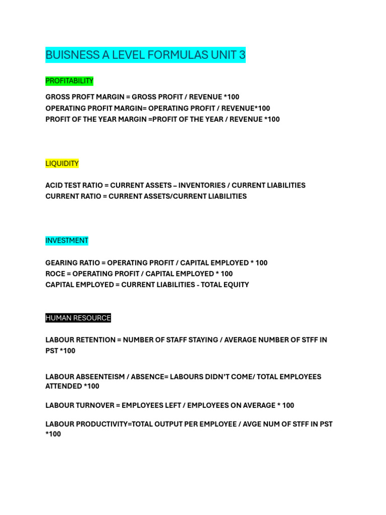 Buisness a Level Formulas Unit 3 New Mod 3 | PDF