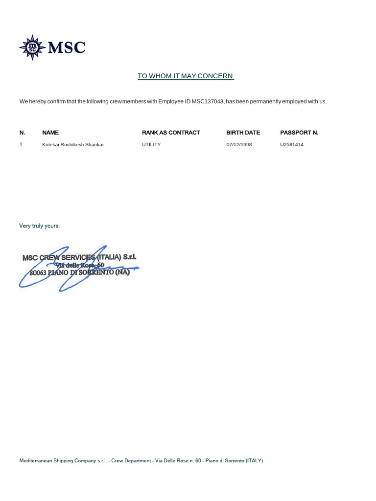 Employment Confirmation for Crew Member | PDF