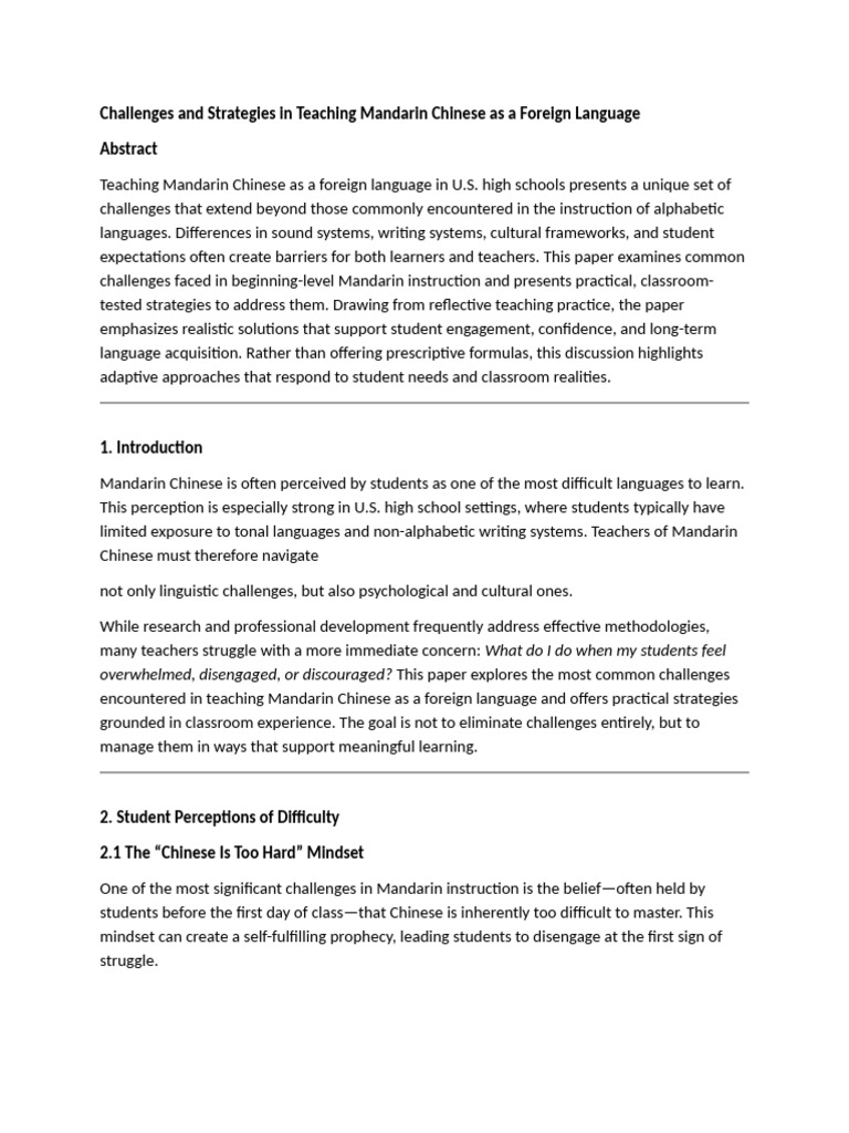 Challenges and Strategies in Teaching Mandarin Chinese as a Foreign ...