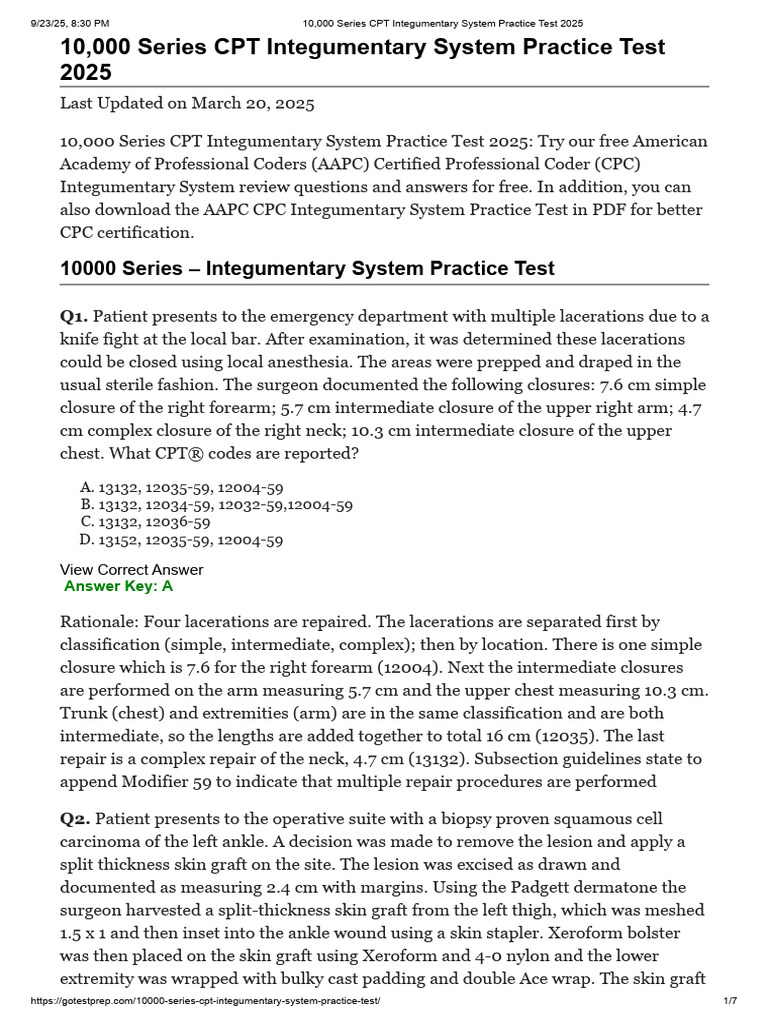 Integumentary System CPT Practice Test | PDF | Medical Specialties ...