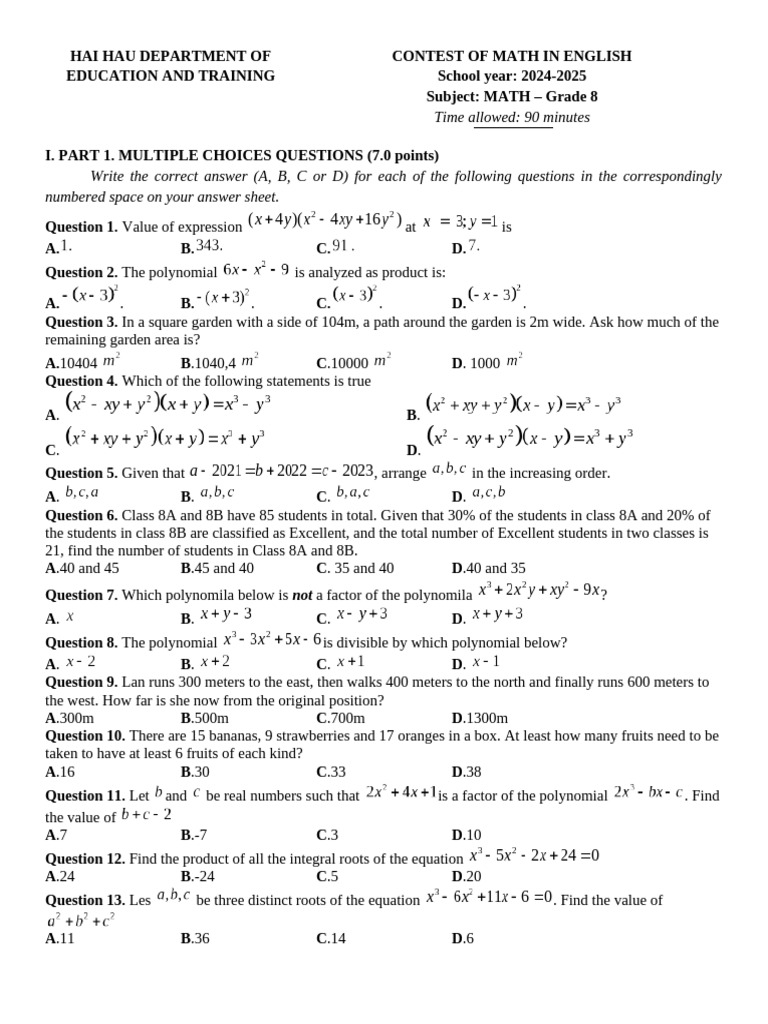 Grade 8 Math Contest Questions 2024-2025 | PDF | Rectangle | Mathematics