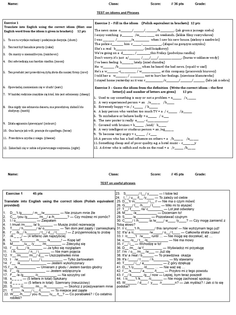 Test On Idioms and Phrases | PDF