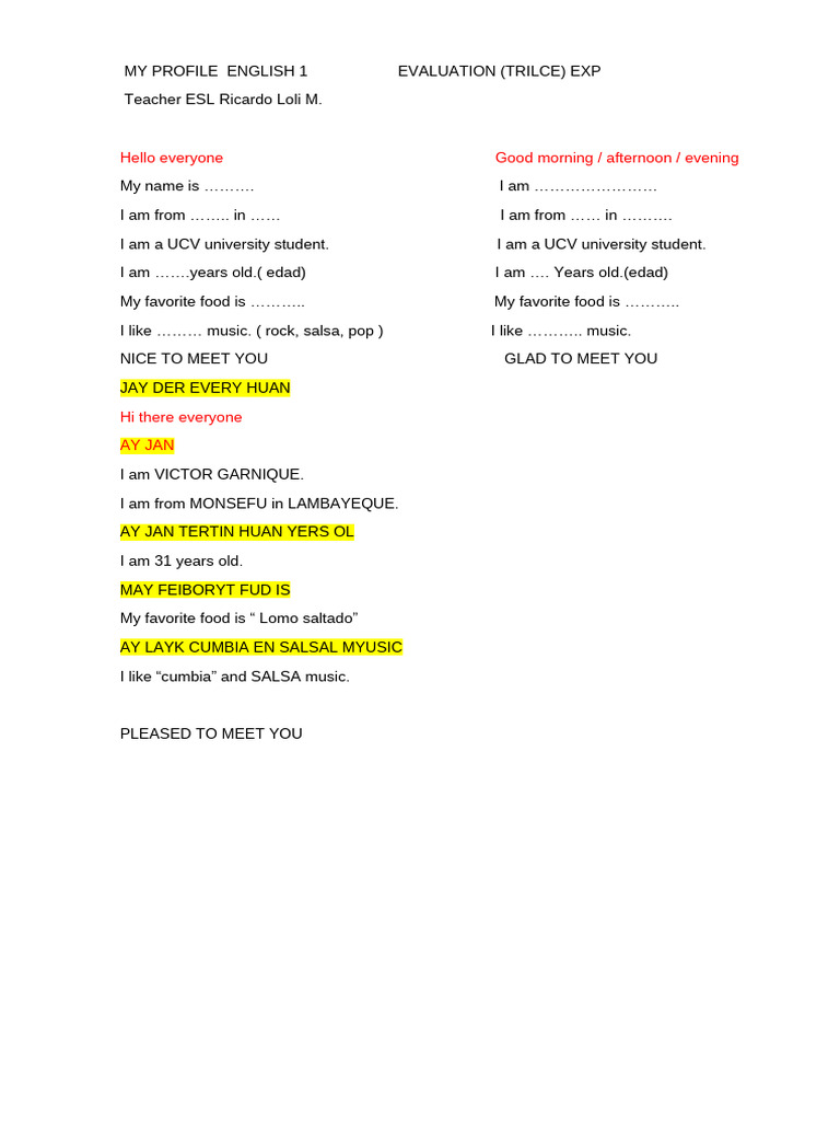 ESL Student Profiles and Introductions | PDF