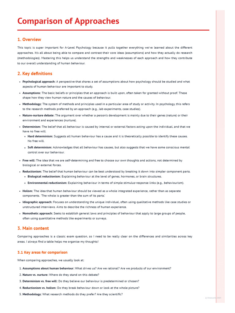 Comparing A-Level Psychology Approaches | PDF | Free Will | Psychology