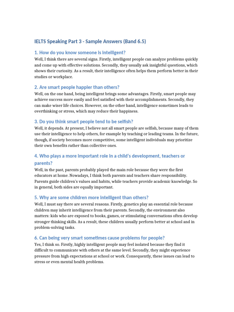 IELTS Speaking Part 3: Intelligence Insights | PDF | Teachers ...
