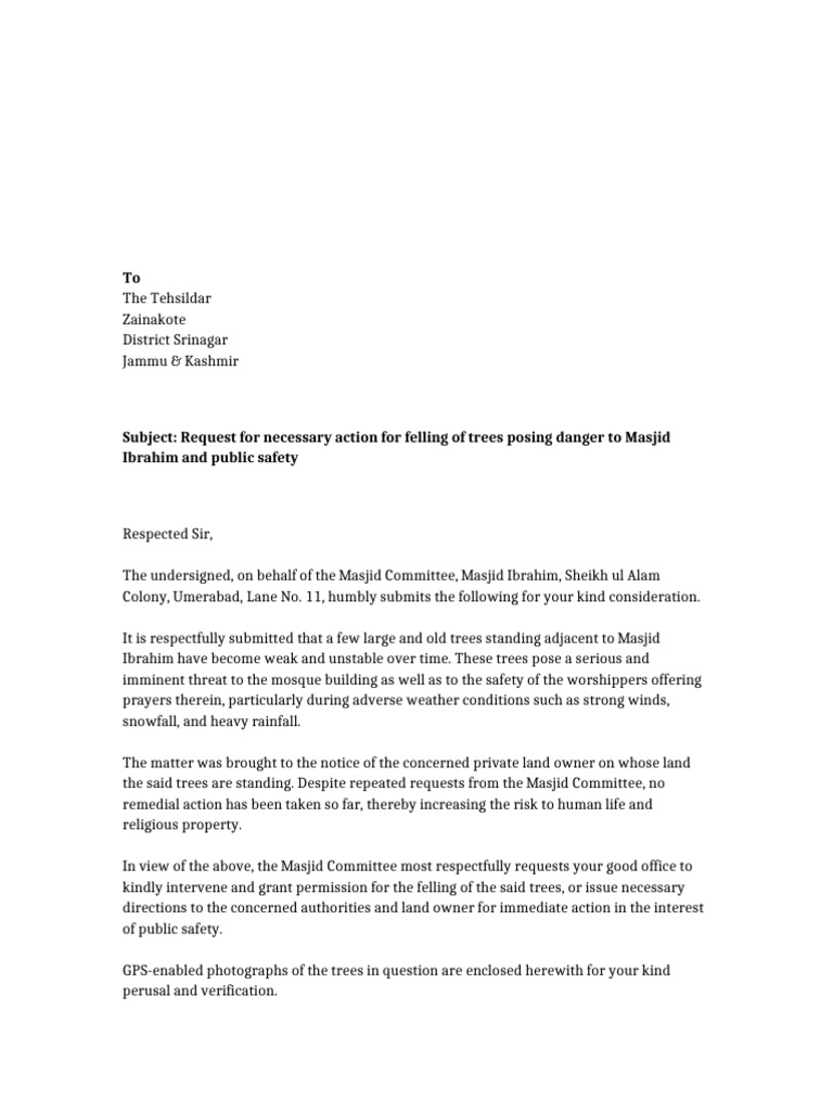 Request for Felling of Dangerous Trees Masjid Ibrahim | PDF