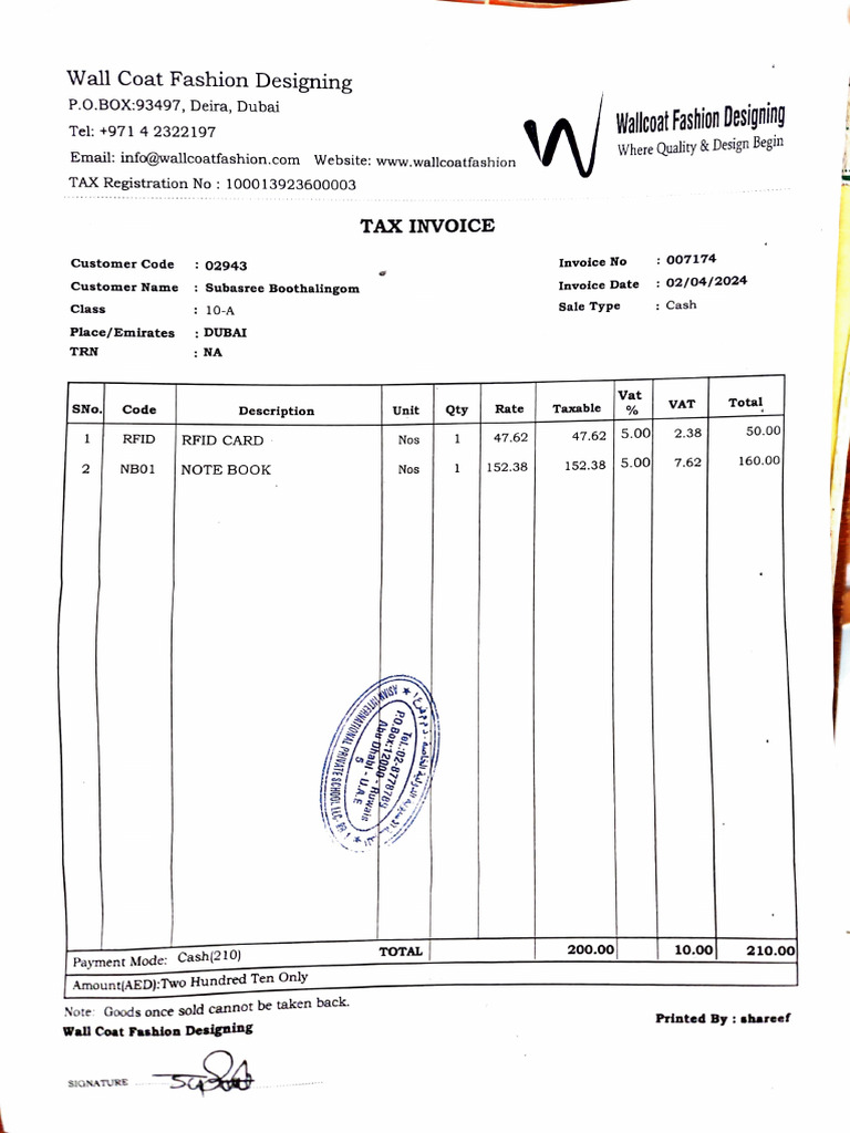 Wall Coat Fashion Invoice Details | PDF