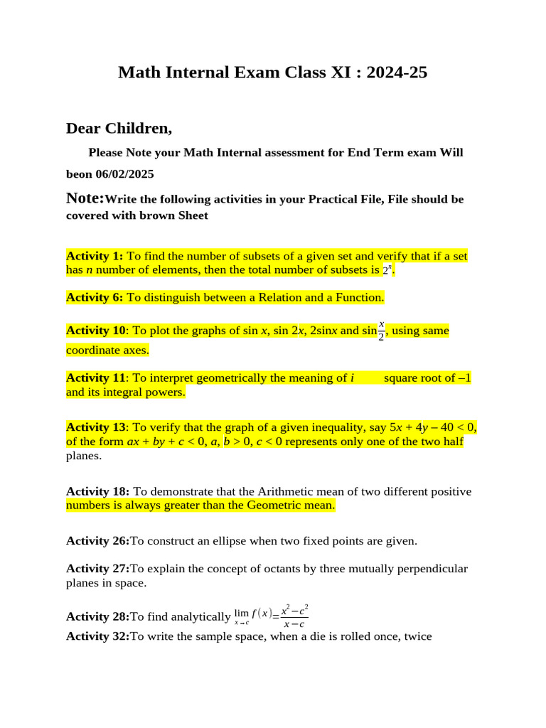 Class XI Math Internal Exam Activities | PDF