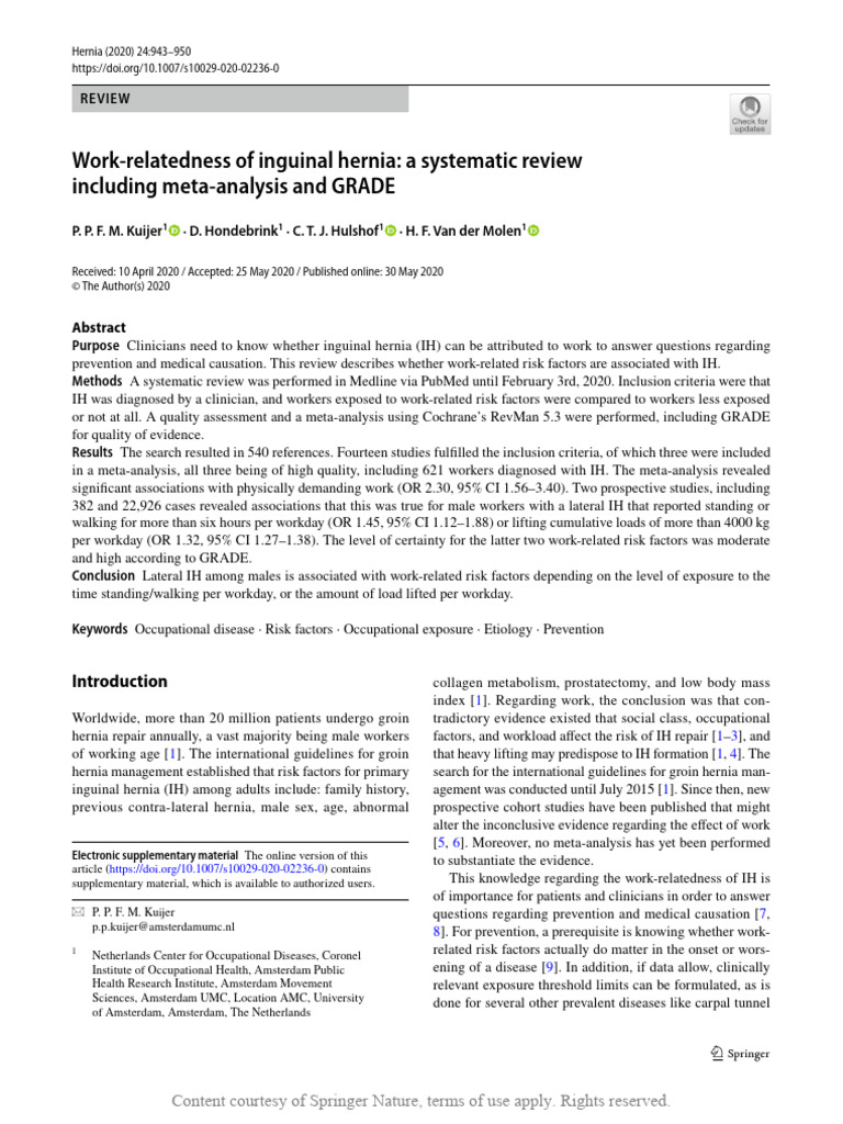 Work-relatedness of Inguinal Hernia a Systematic r | PDF | Meta ...