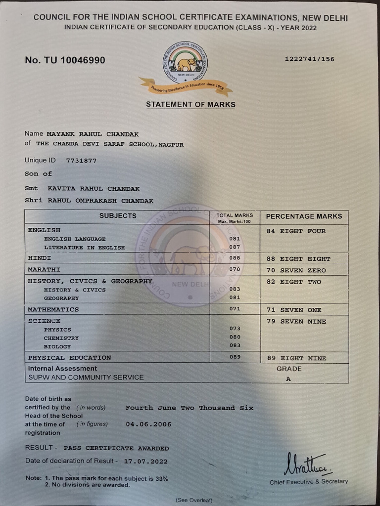10th mark sheet | PDF | Qualifications | Student Assessment And Evaluation